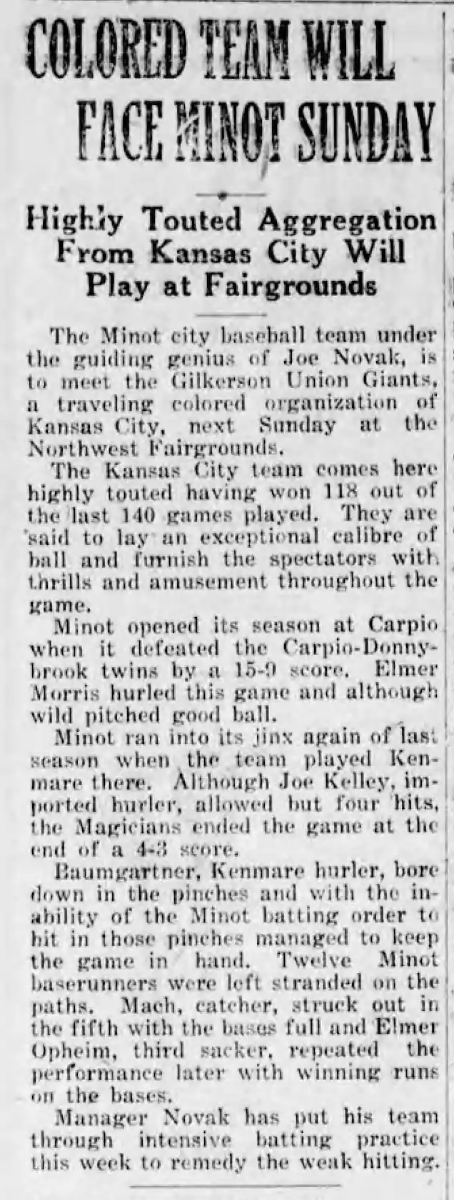 On This Day | Segregated Baseball in Minot – TheMinotVoice.com